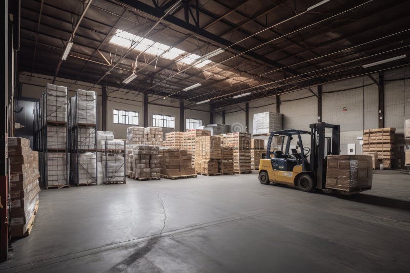 Warehouse, with View of Loading Dock and Forklifts Moving Product in ...
