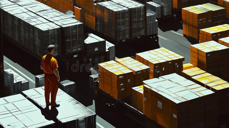 Warehouse Worker Amidst Stacks of Orange and Gray Boxes Stock ...