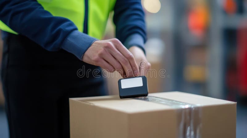 Applying Label Cardboard Box Warehouse Shipping Logistics Stock Photos ...