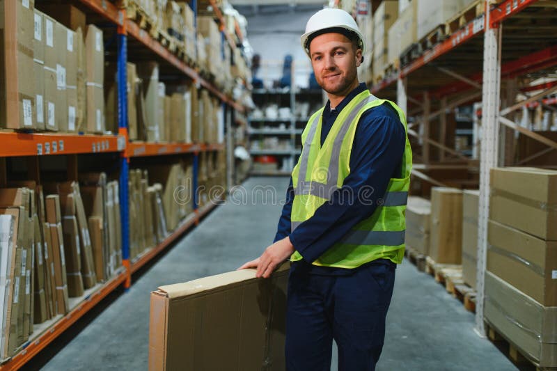Warehouse Worker in Blue Uniform Holding a Large Cardboard Box. Stacks ...