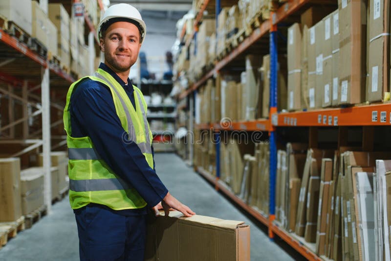 Warehouse Worker in Blue Uniform Holding a Large Cardboard Box. Stacks ...