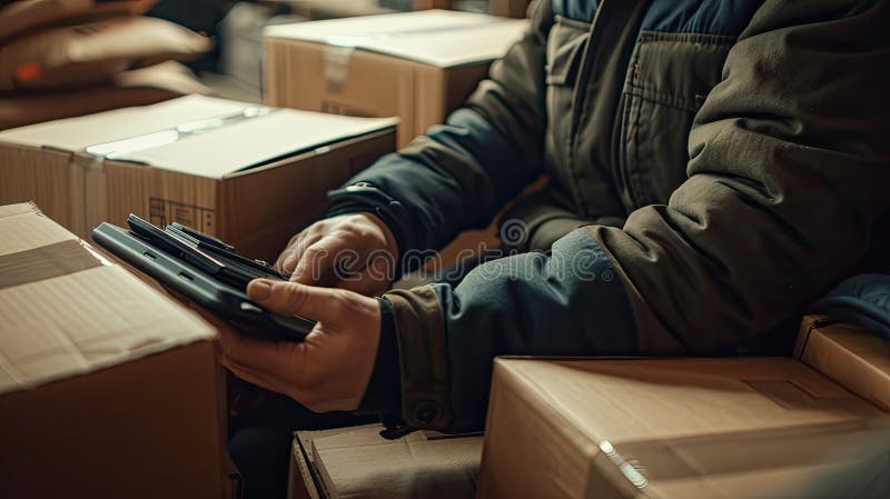 A Warehouse Worker in a Blue Uniform Jacket Using a Digital Device To ...