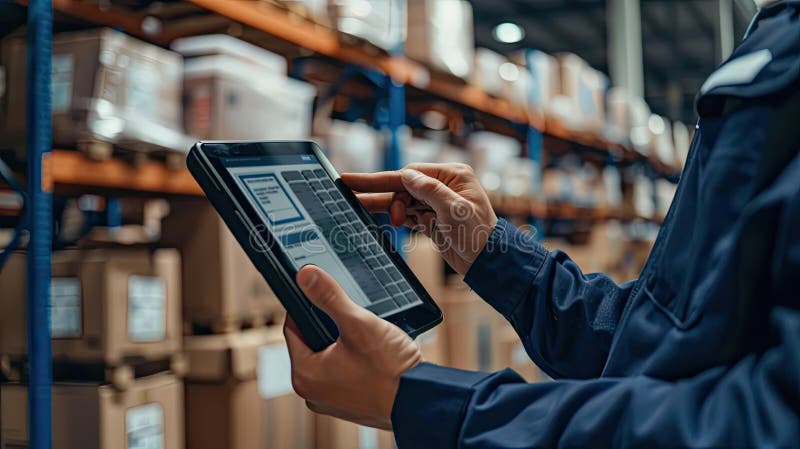 A Warehouse Worker in a Blue Uniform Jacket Using a Digital Device To ...