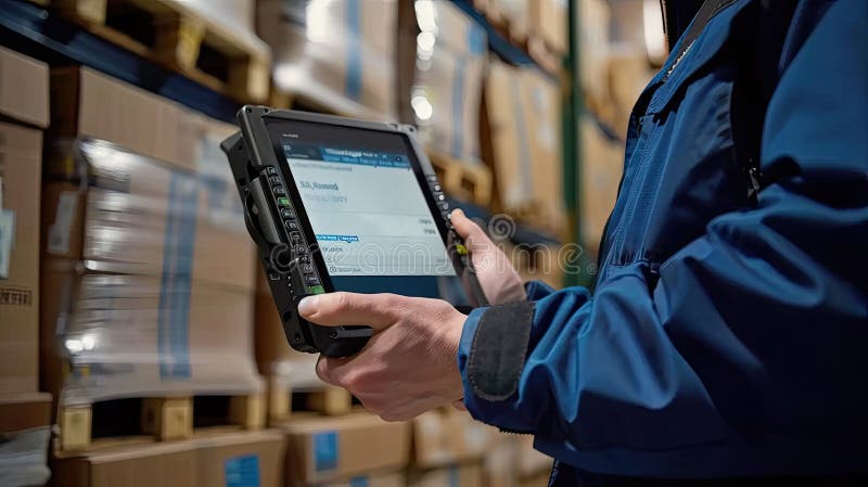 A Warehouse Worker in a Blue Uniform Jacket Using a Digital Device To ...