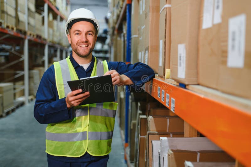 Warehouse Worker Checking His List on Clipboard in a Large Warehouse ...