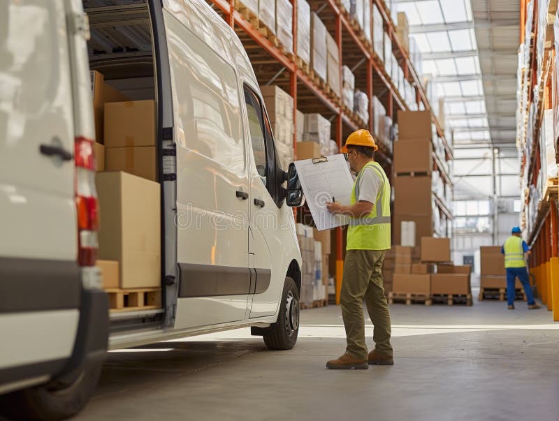 Warehouse Worker Checking Inventory in Delivery Van Stock Illustration ...