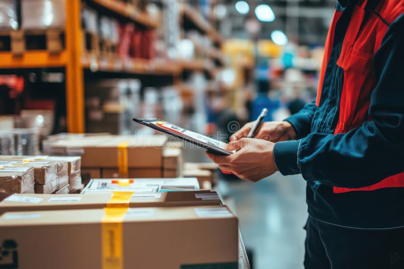 Worker Checking Inventory Clipboard Warehouse Environment Logistics ...