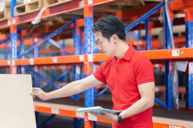 Warehouse Worker Checking Inventory in Warehouse, Forman Worker Working ... Warehouse Worker Checking Inventory in Warehouse, Forman Worker Working ...
