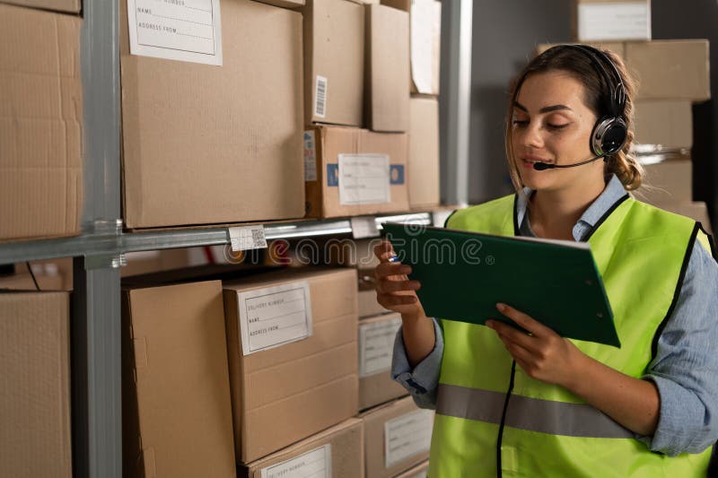 Warehouse Worker Checking Inventory Using Clipboard Logistics Center ...