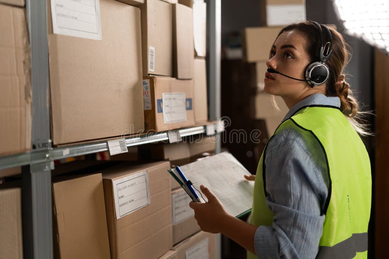 A Warehouse Worker Checks the Items Against an Inventory List on a ...