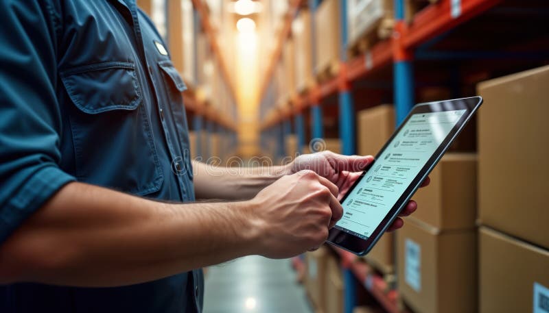 Warehouse Worker Checks Package Details on Tablet. Stands between ...