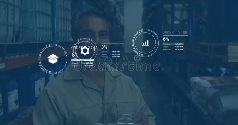 Warehouse Worker with Clipboard, Data Processing Animation Over ...