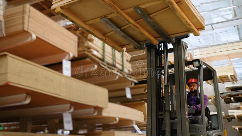 Warehouse Worker Driver in Uniform Loading Lumber by Forklift Stacker ...