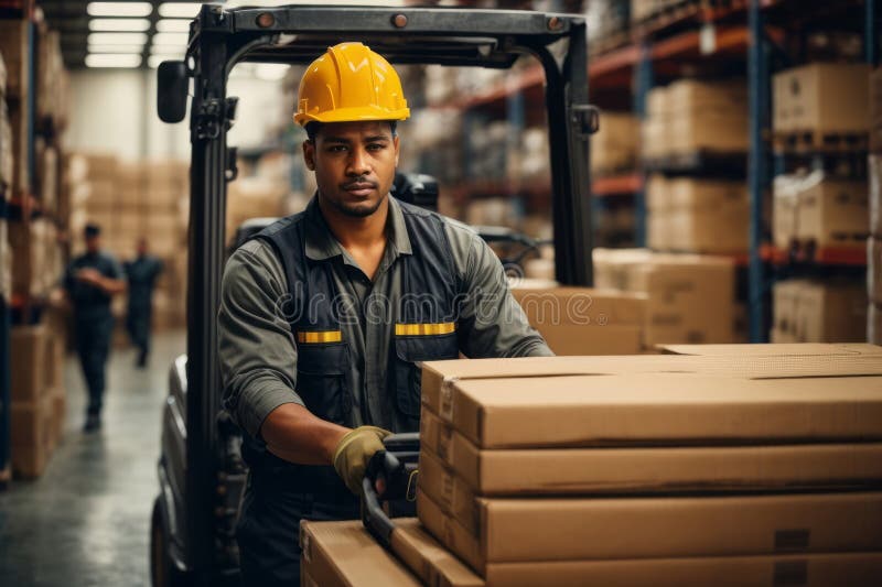 Warehouse Worker Driver Wearing Safety Suit Loading Cardboard Boxes ...