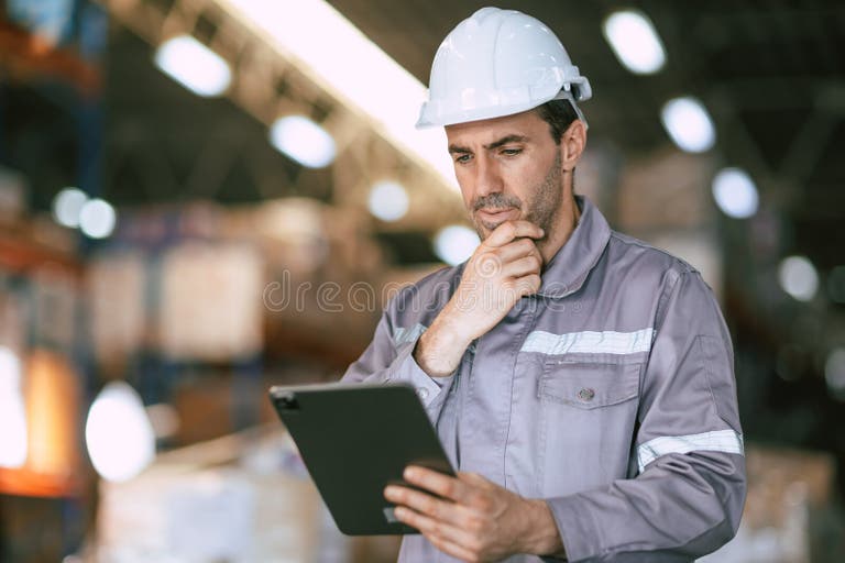 Warehouse Worker, Engineer Manager Looking at Tablet Screen with ...