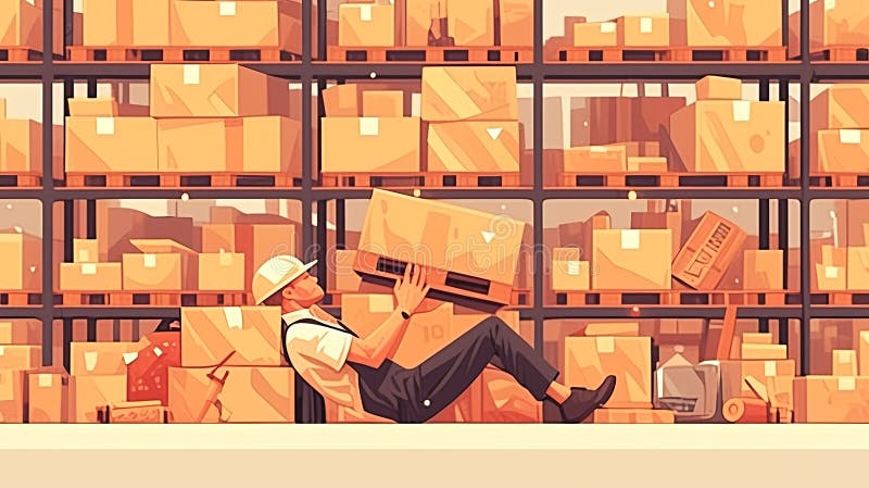 Warehouse Worker Experiencing Work Accident among Stacked Cardboard ...