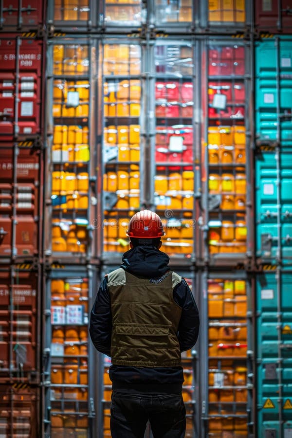 Warehouse Worker in Front of Containers Industry Logistics Distribution ...