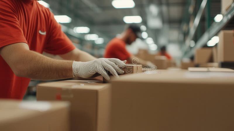 Warehouse Worker Handling Package with Gloved Hands, Moving Item Along ...