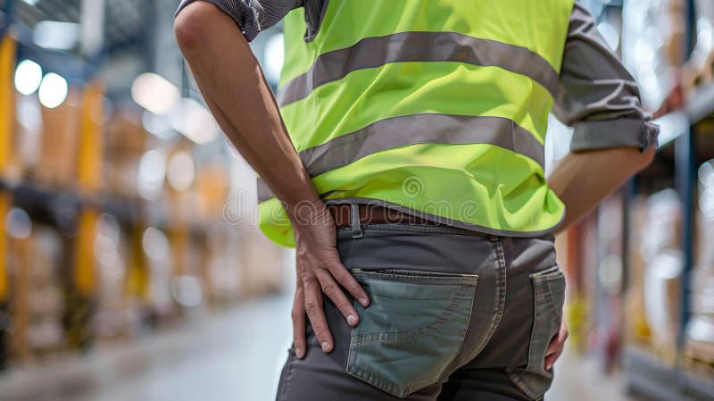 Warehouse Worker with Back Pain Wearing a Safety Vest in a Busy ...