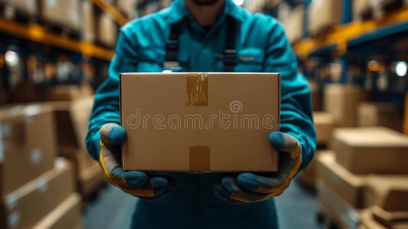 Warehouse Worker Holding a Cardboard Box in a Logistics Facility Stock ...