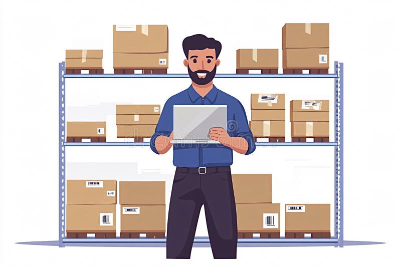 Warehouse Worker Holding Laptop Checking Inventory in Front of Storage ...