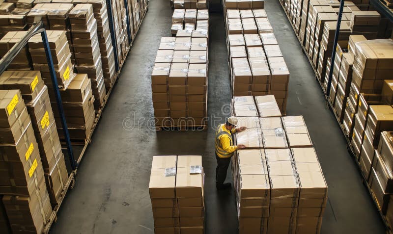 Warehouse Worker Inspecting Stacked Boxes, Organized Storage Space ...