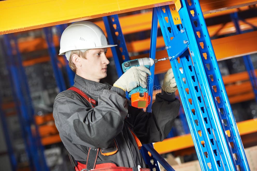 Warehouse Worker Installing Rack Arrangement Stock Image - Image of ...