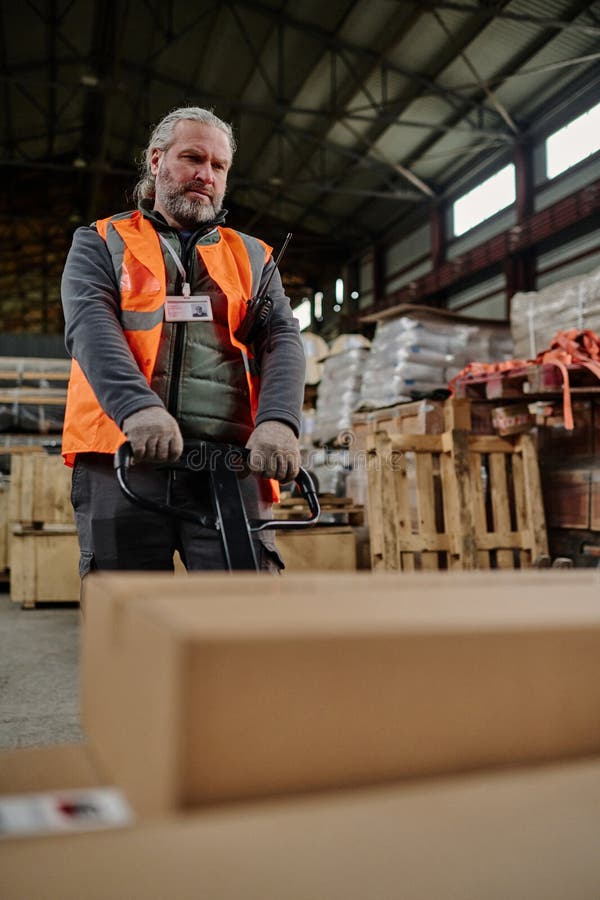 Warehouse Worker Loading Containers in Storage Room Stock Photo - Image ...