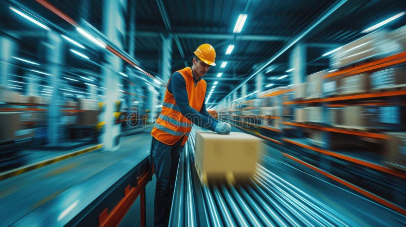 Warehouse Worker Loading Package while Placed on the Rail at Storage ...