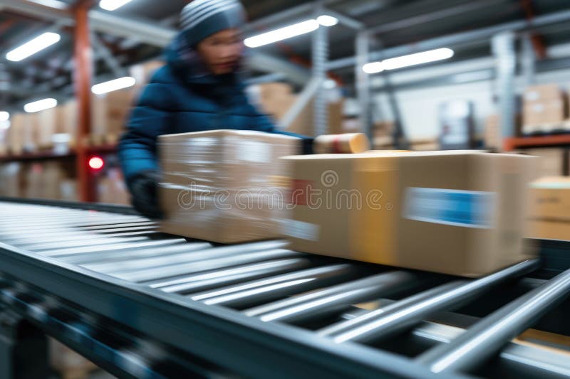 Warehouse Worker Loading Package while Placed on the Rail at Storage ...