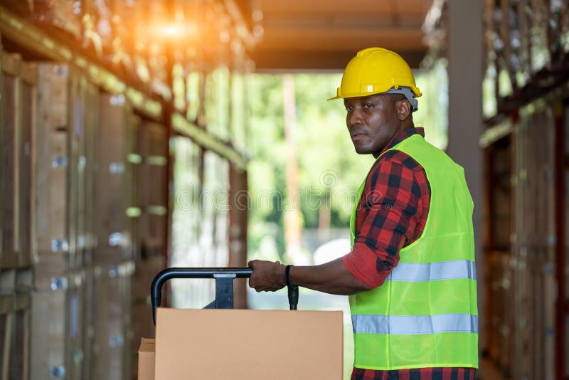 Worker Loading and Unloading Shipment Carton Boxes and Goods on Wooden ...