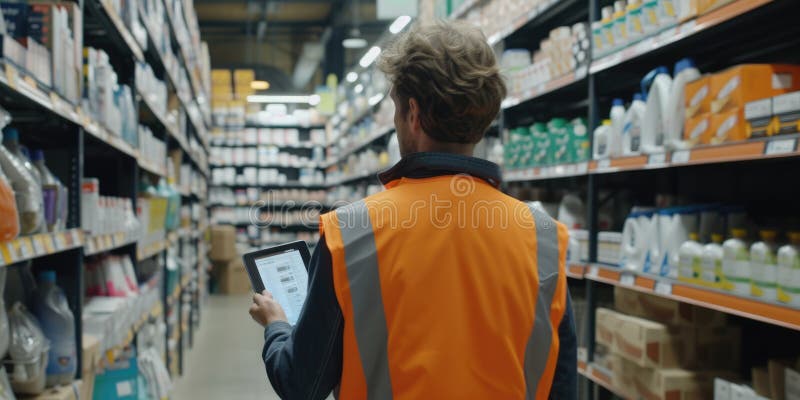 Warehouse Worker Looking Tablet while Checking Product at Warehouse ...