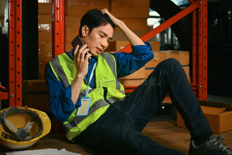Warehouse Worker Making an Emergency Call, Asking for First Aid Team ...