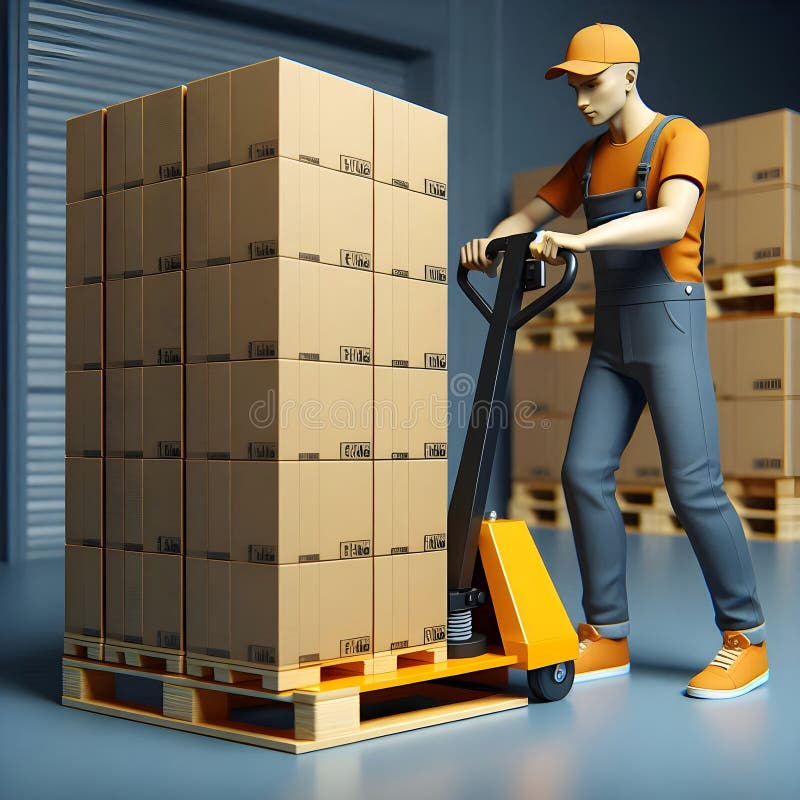 Warehouse Worker Maneuvering Pallet Jack with Stack of Cardboard Boxes ...