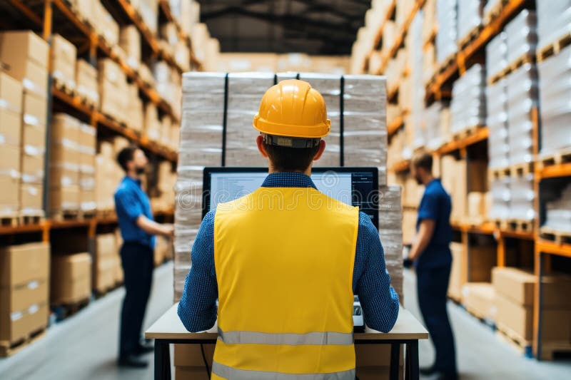 Warehouse Worker Monitoring Inventory on Computer, Surrounded by Stacks ...