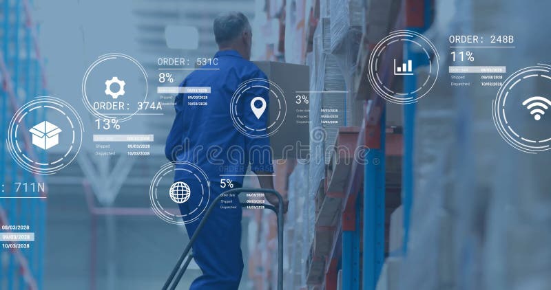 Warehouse Worker Moving Boxes, Logistics Data Processing Animation Over Scene Stock Footage ...