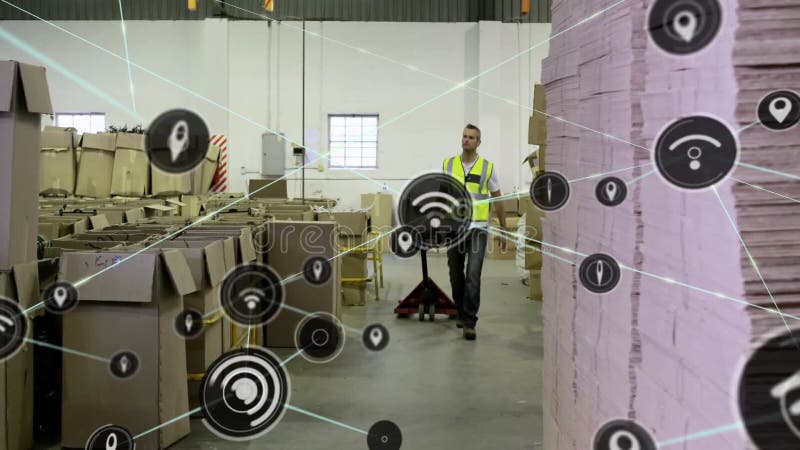 Warehouse Worker Moving Boxes, Network of Connections and Data ...