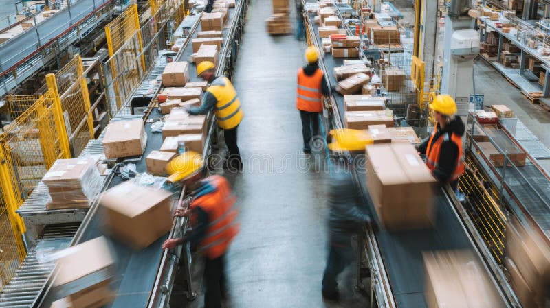 Warehouse Worker Moving Cardboard Box on Conveyor Belt in Distribution ...