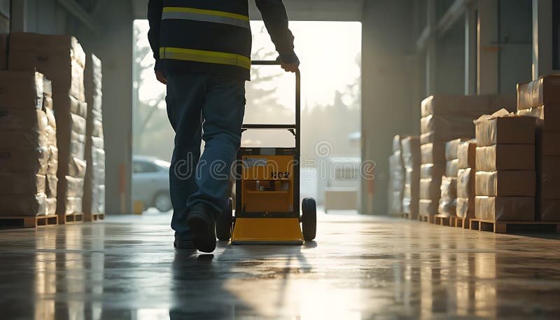 Warehouse Worker Moving Cart in Sunlit Distribution Center Stock Photo ...