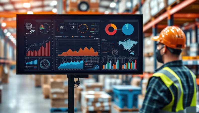 Warehouse Worker Observes Data Displayed on Large Tech Screen. Digital ...