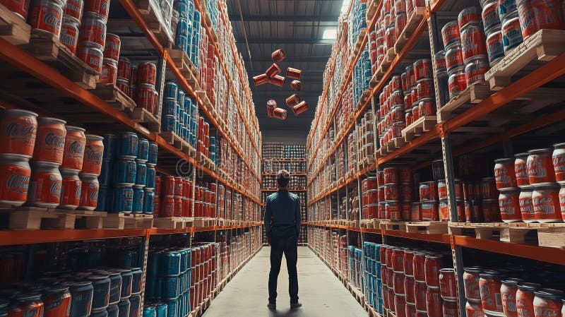Warehouse Worker Observes Floating Cans during Inventory Check in ...
