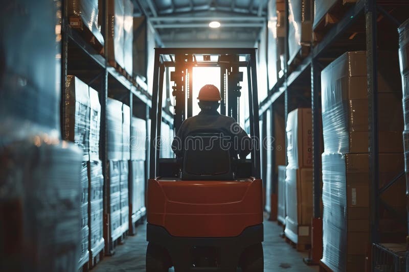 Warehouse Worker Operates a Forklift in a Warehouse, Warehouse ...