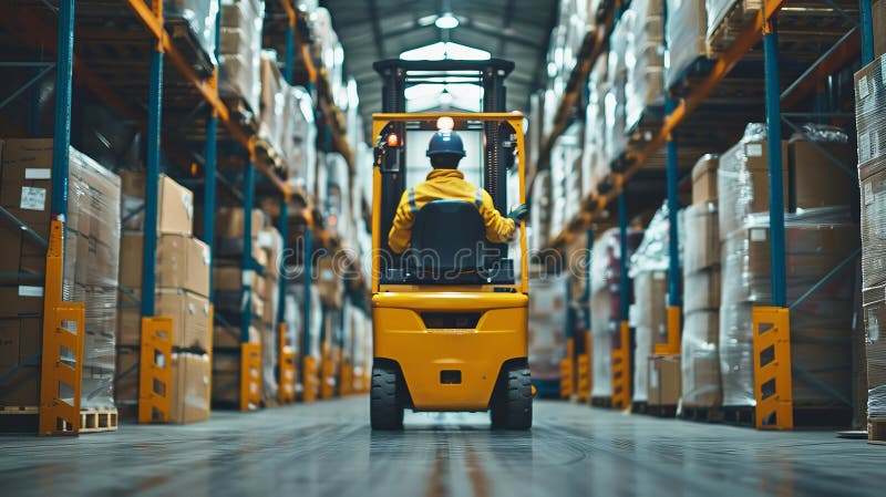 Warehouse Worker Operates a Forklift in a Warehouse, Warehouse ...