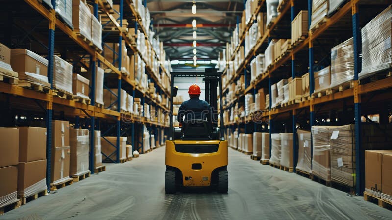 Warehouse Worker Operates a Forklift in a Warehouse, Warehouse ...