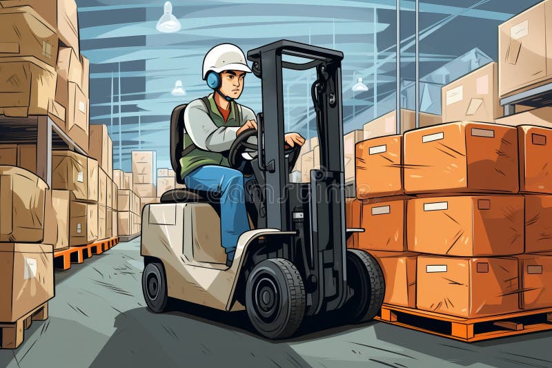 Warehouse Worker Operates a Forklift in a Warehouse, Illustration of ...