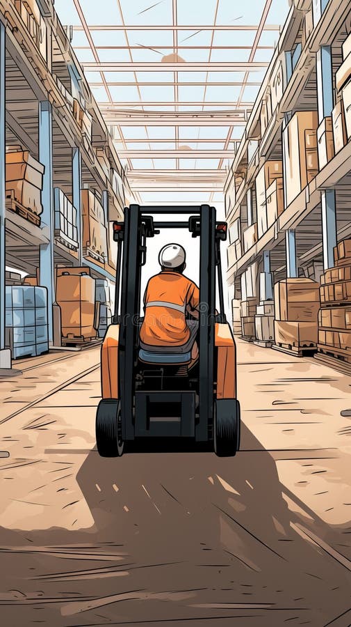 Warehouse Worker Operates a Forklift in a Warehouse, Illustration of ...