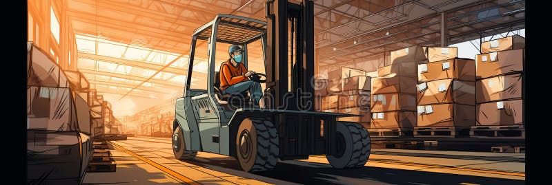 Warehouse Worker Operates a Forklift in a Warehouse, Illustration of ...