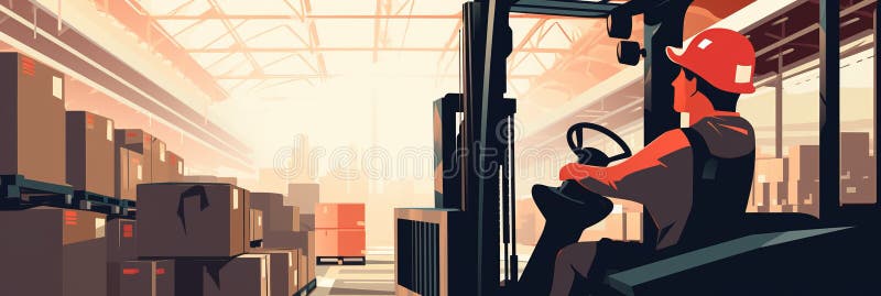 Warehouse Worker Operates a Forklift in a Warehouse, Illustration of ...