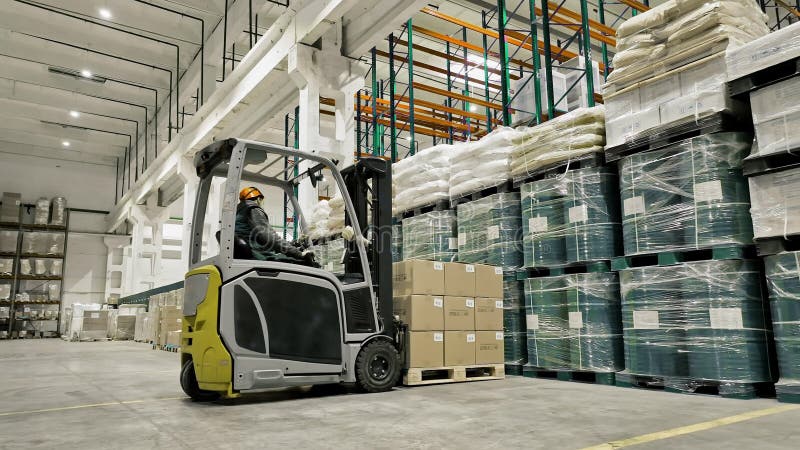 A Warehouse Worker Operates a Forklift in a Large, Organized Facility ...