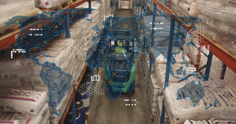 Warehouse Worker Operating Forklift in Logistics Aisle, Featuring ...